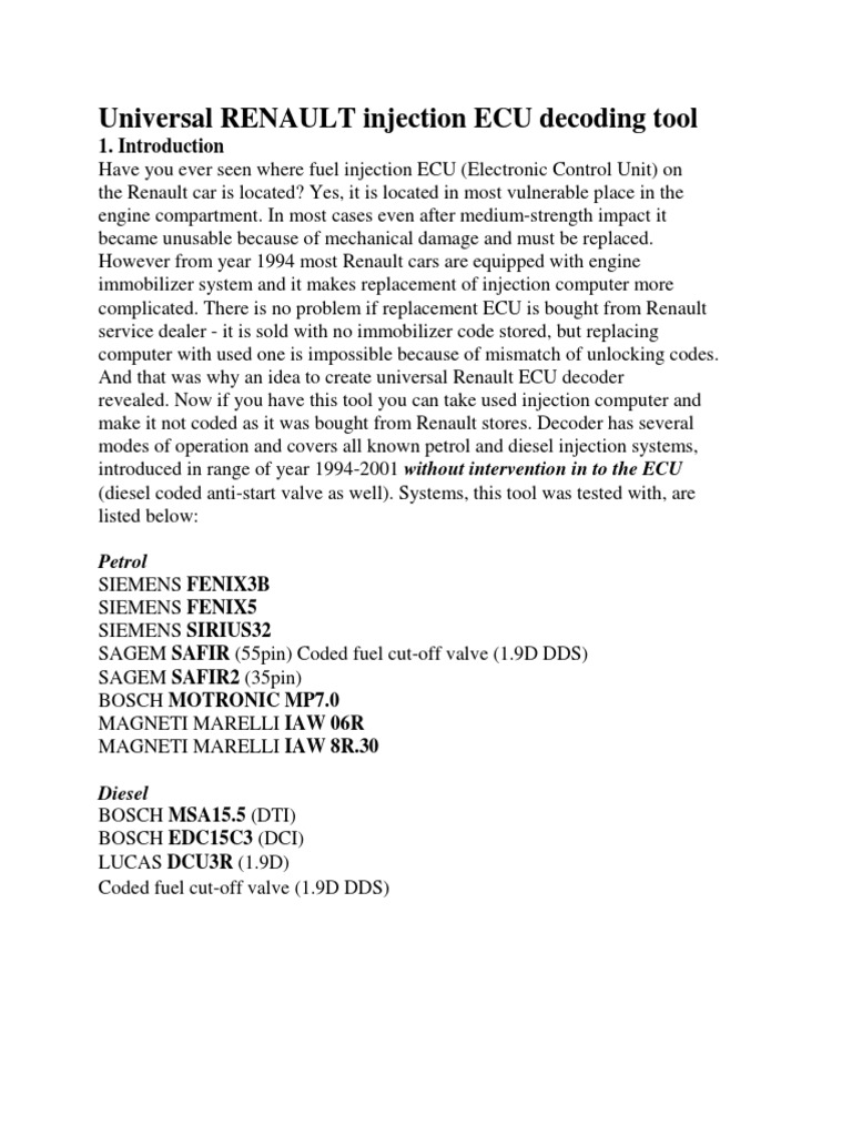 Universal RENAULT Injection ECU Decoding Tool | PDF | Throttle | Diesel ...