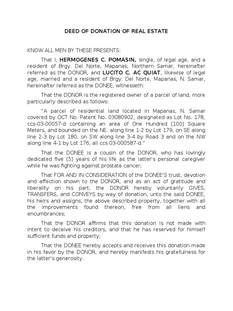 Deed of Donation of Real Estate | PDF | Civil Law (Legal System) | Real ...