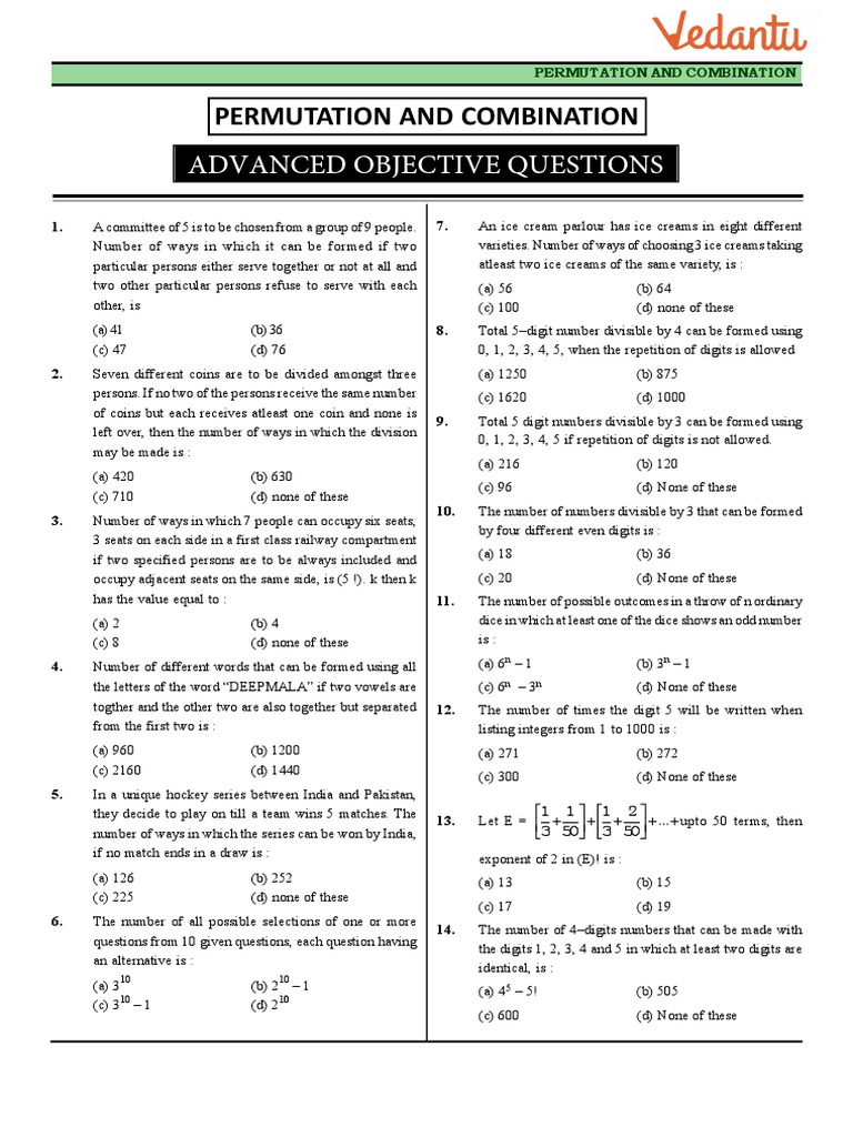 Permutations and Combinations - Advanced Questions PDF | PDF | Numbers | Permutation