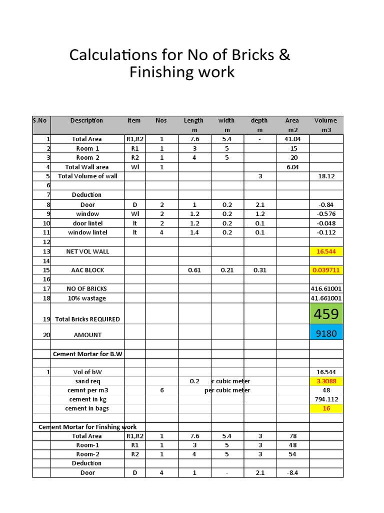 Calculation of Brick Requirements and Finishing Work for a Residential ...