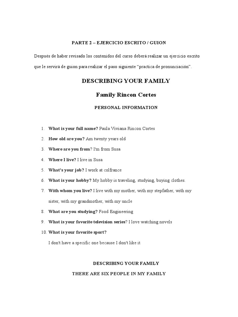 Describing Your Family Family Rincon Cortes | PDF