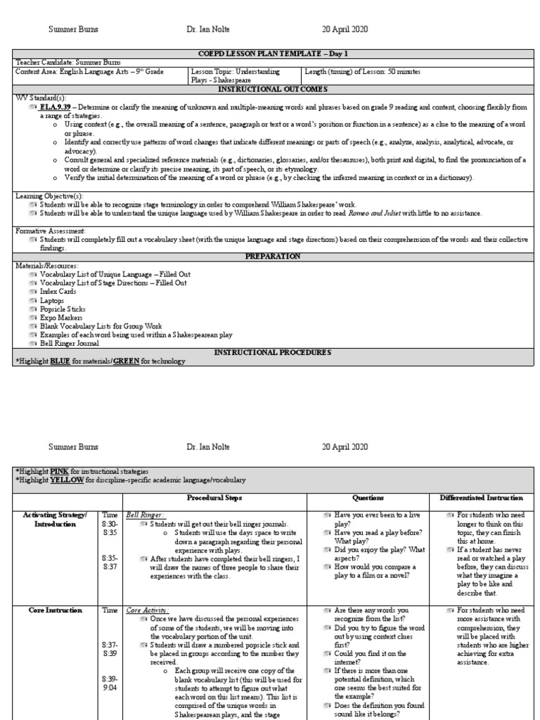 Shakespearean Plays Lesson Plan | PDF | Reading Comprehension | Lesson Plan