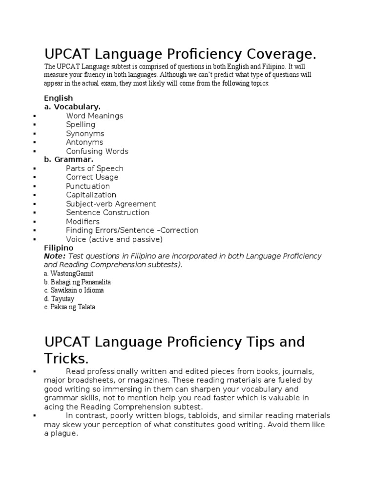 UPCAT Language Proficiency Coverage | PDF | Vocabulary | English Language