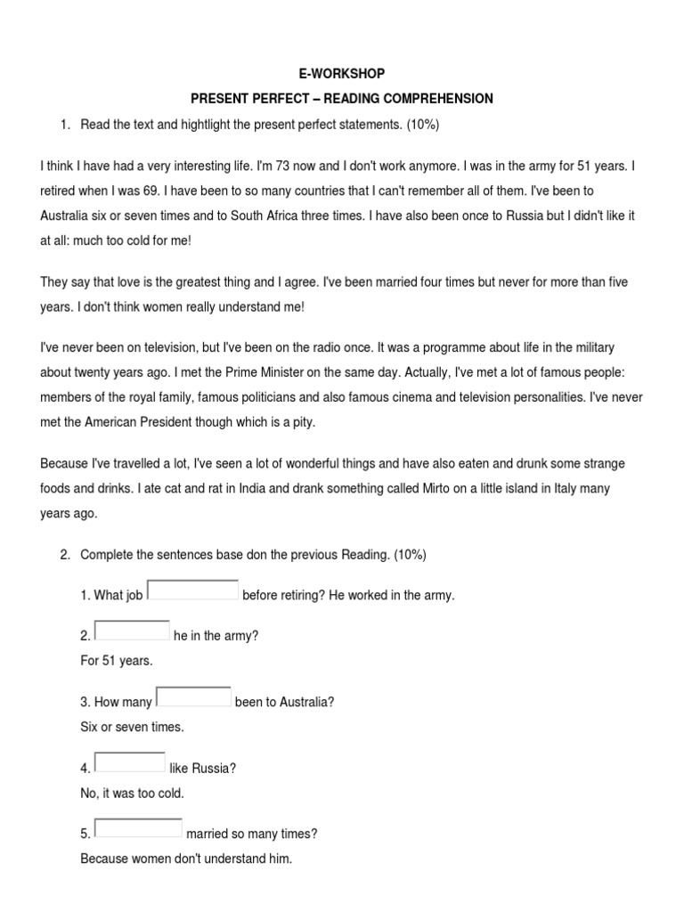 E-Workshop Present Perfect - Reading Comprehension | PDF