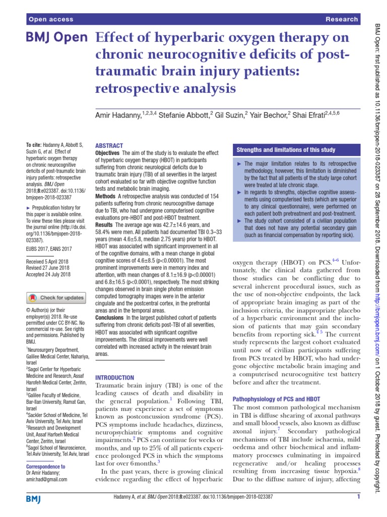 Effect of Hyperbaric Oxygen Therapy On Chronic Neurocognitive Deficits of Post-Traumatic Brain ...