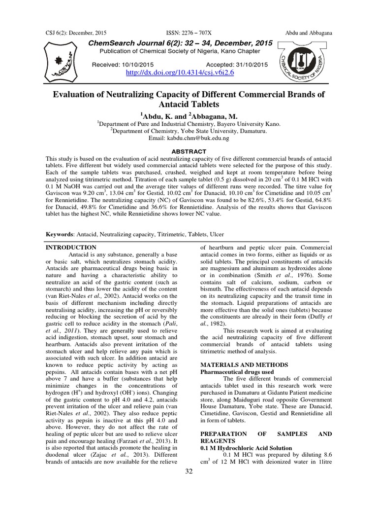 Antacid Tablets Neutralizing Capacity Evaluation | PDF | Chemistry ...