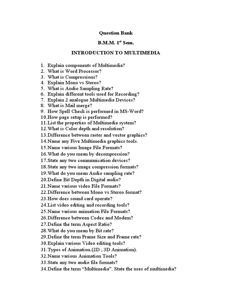Question Bank B.M.M. 1 Sem. Introduction To Multimedia | PDF | Data ...