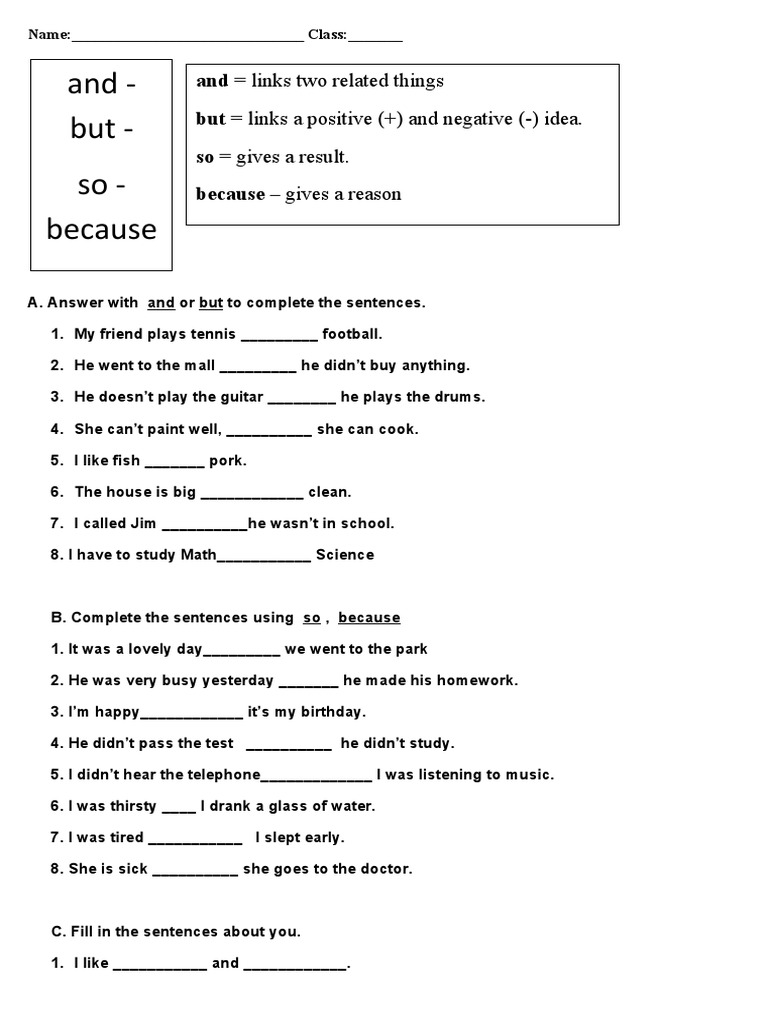 Conjunctions and But So Because Grammar Drills Grammar Guides Oneonone ...