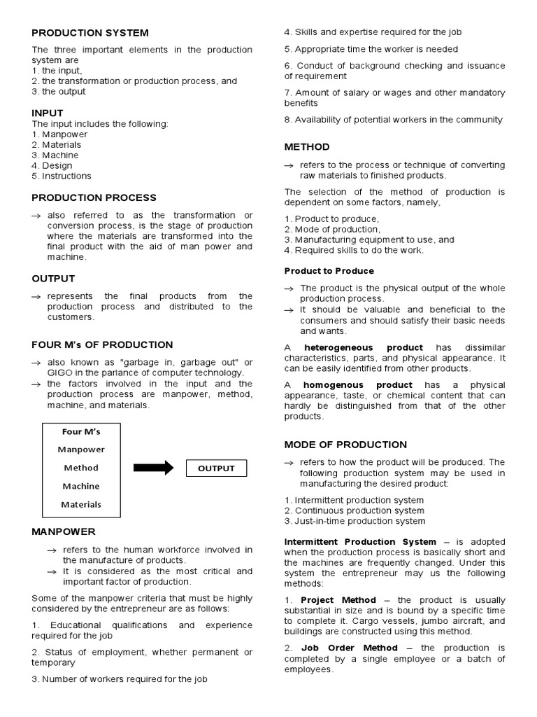 Production System: Manpower Method Machine Materials | PDF | Debits And ...