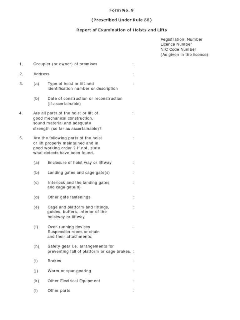 Form No. 9 (Prescribed Under Rule 55) Report of Examination of Hoists ...