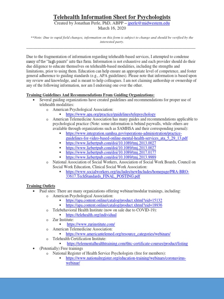 Telehealth Information Sheet For Psychologists: Created by Jonathan ...