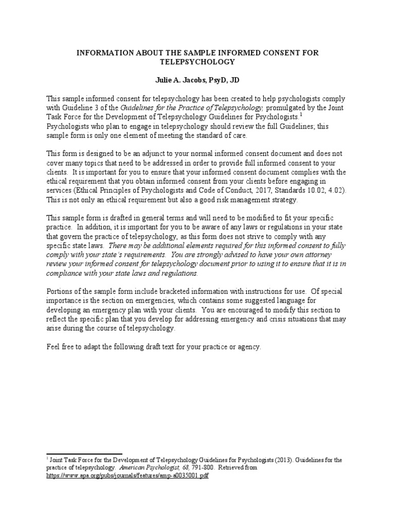 Sample Informed Consent For Telepsychology | PDF | Informed Consent ...