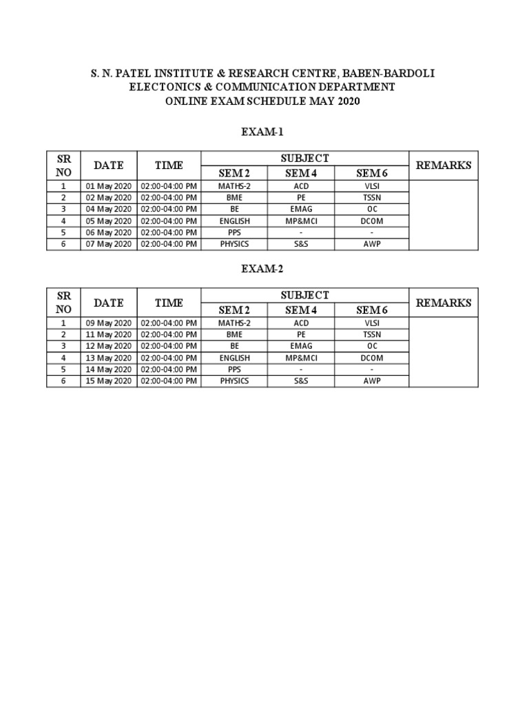 May 2020 Online Exam Schedule | PDF