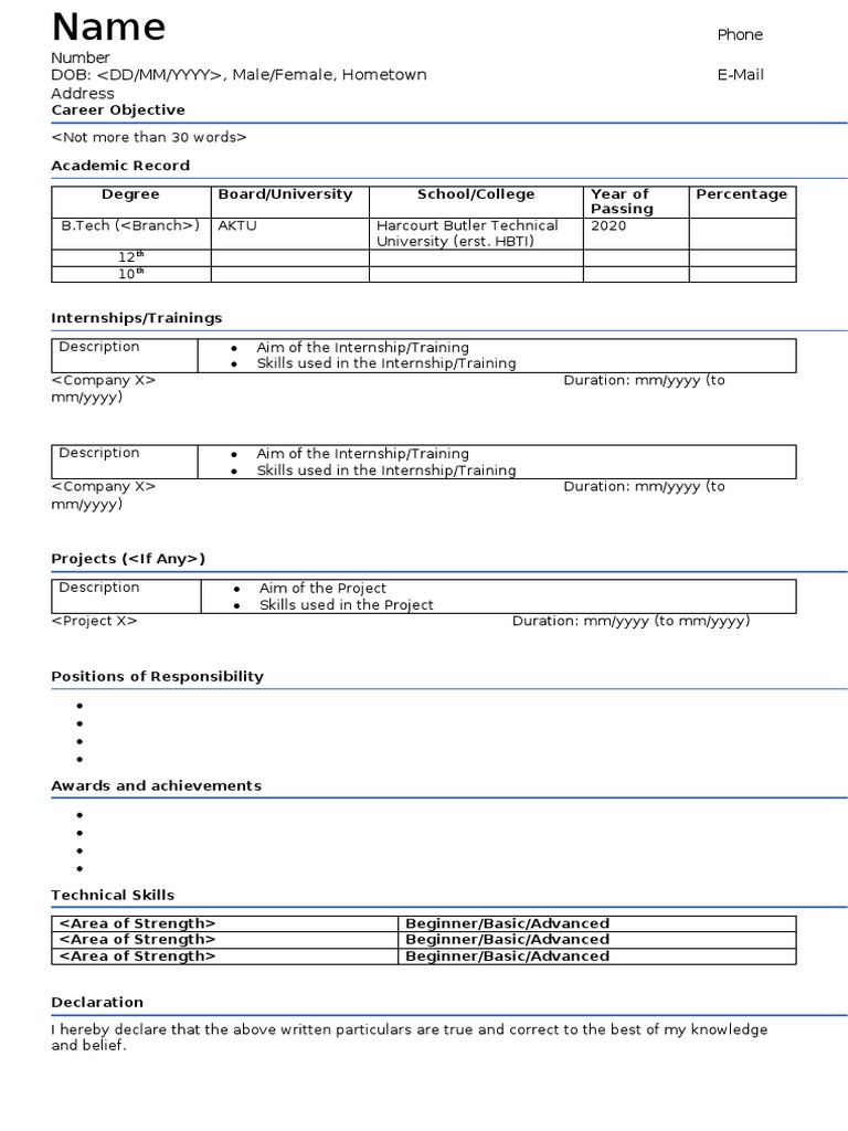 Resume Format with DOB Inclusion | PDF