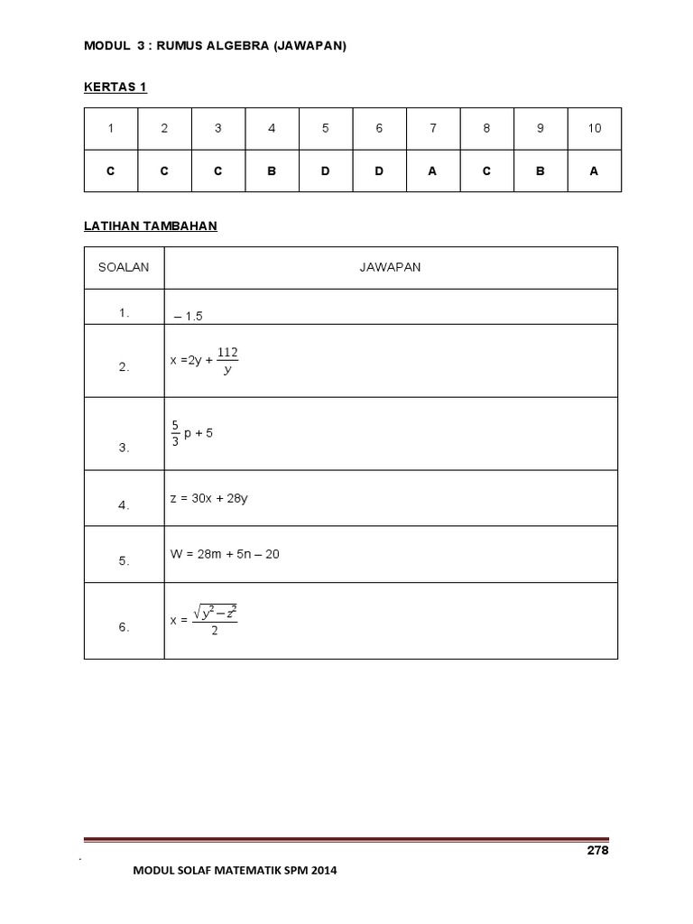 Modul 3 Rumus Algebra Jawapan | PDF