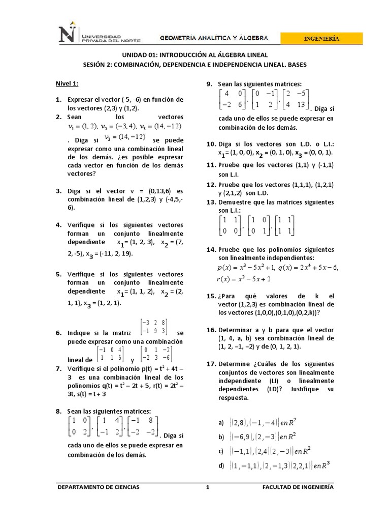 Hoja de Trabajo - 2 - Combinaciones Lineales | PDF | Base (álgebra lineal) | Espacio vectorial