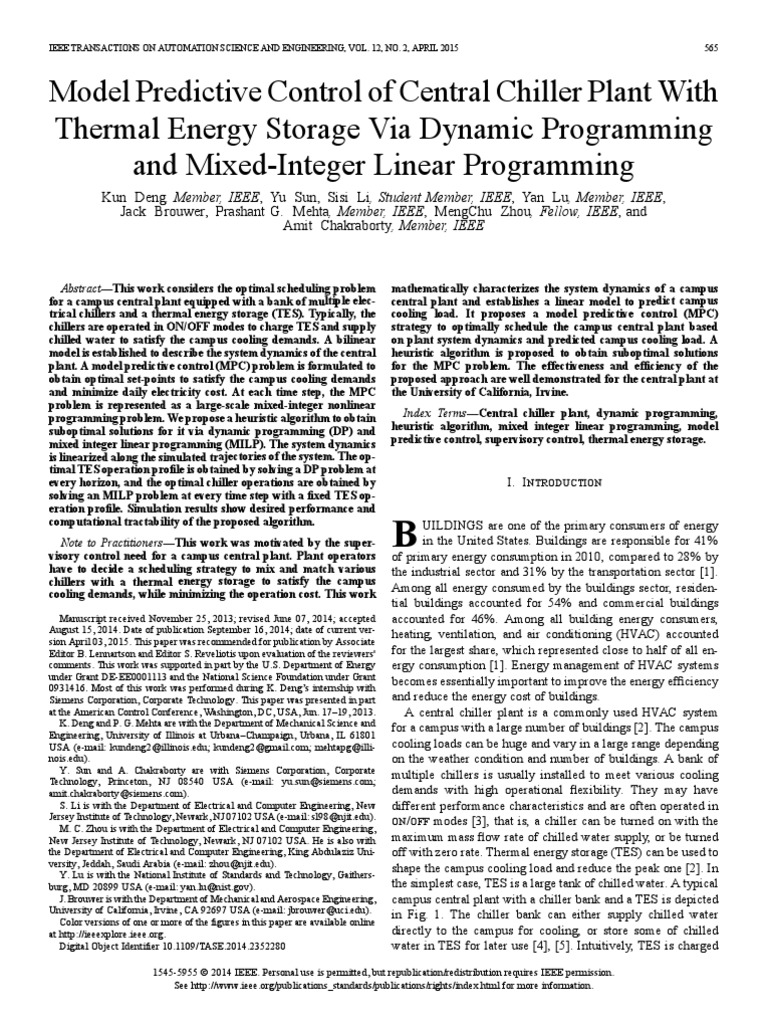 Model Predictive Control of Central Chiller Plant With Thermal Energy Storage Via Dynamic ...
