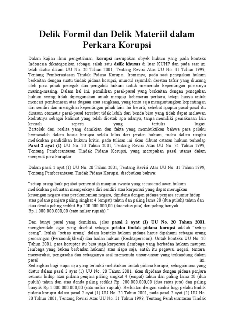 Delik Formil Dan Delik Materiil Dalam Perkara Korupsi | PDF
