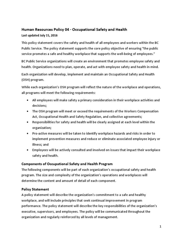 04 Occupational Safety and Health Policy | PDF | Occupational Safety ...