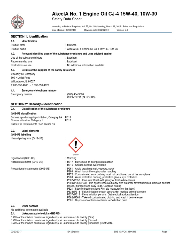 Akcela No. 1 Engine Oil Cj-4 15W-40, 10W-30: Safety Data Sheet | PDF ...