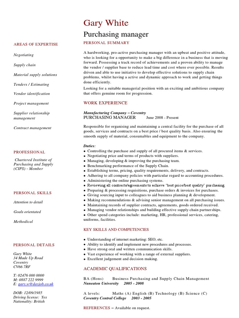 Purchasing Manager CV Template | PDF | Supply Chain | Supply Chain ...