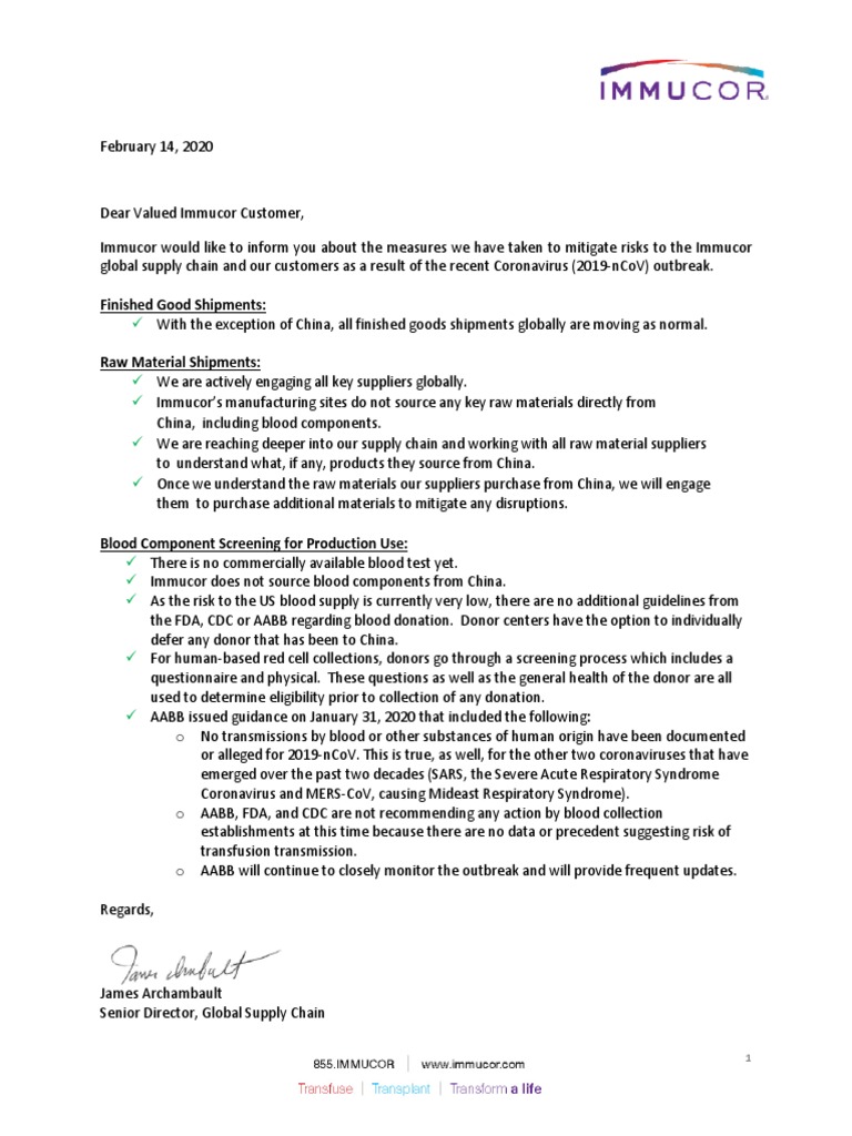 Immucor Mitigation Letter To Coronavirus - FEB2020 | PDF | Blood ...