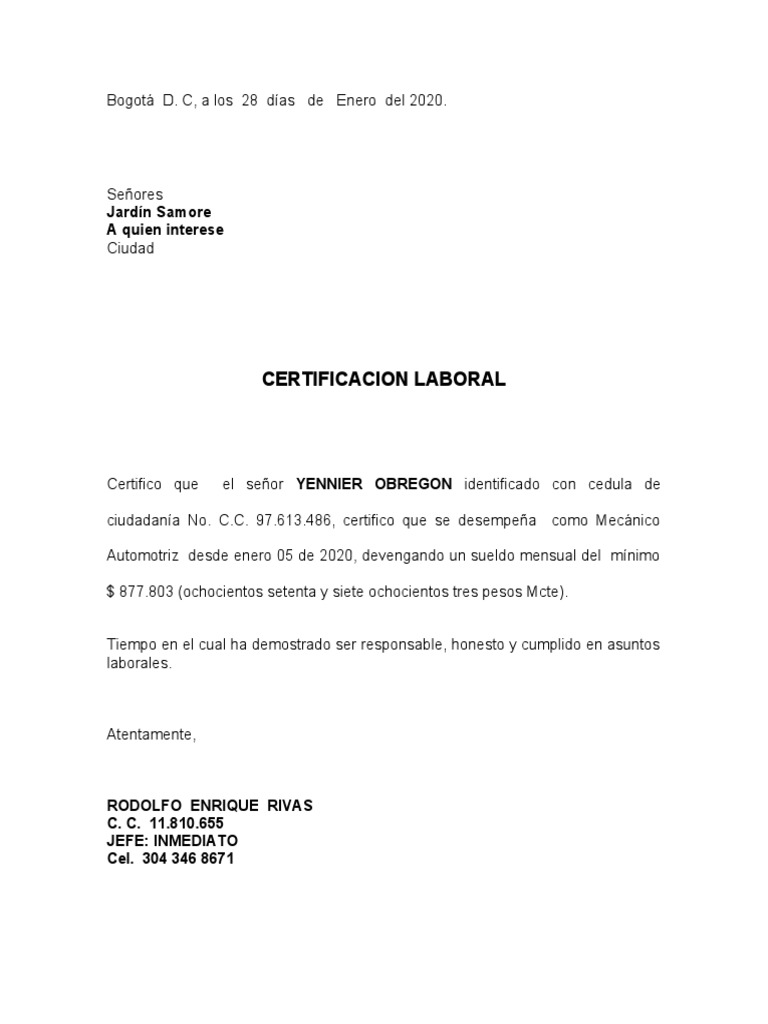CERTIFICACION LABORAL Restaurante | PDF