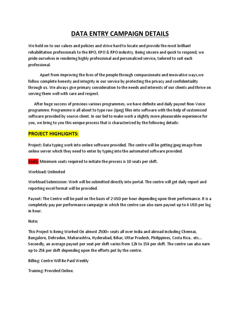 Data Entry Campaign Details: Project Highlights | PDF | Information ...