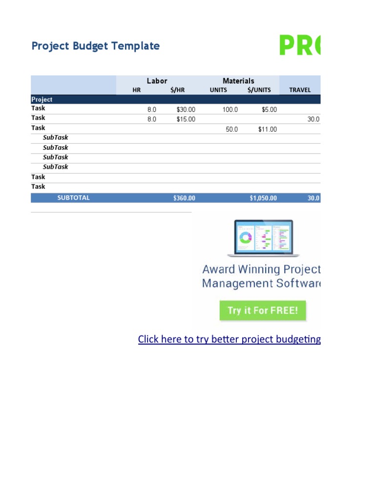 Project Budget Template: Labor Materials | PDF