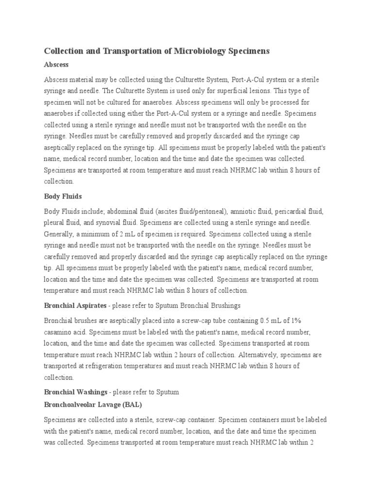 Collection and Transportation of Microbiology Specimens | PDF | Syringe ...