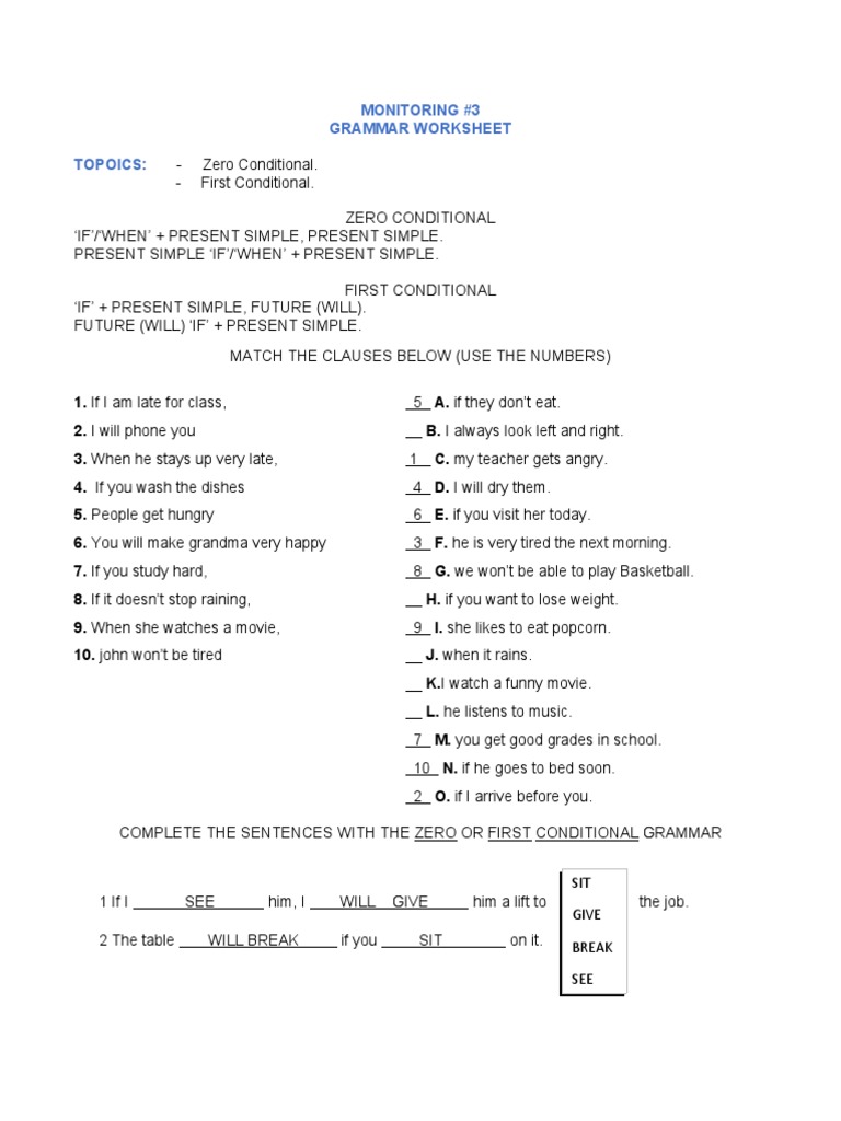 Grammar Worksheet Analyzing Zero and First Conditional Structures | PDF
