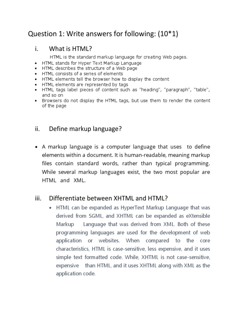 Question 1: Write Answers For Following: (10 1) : I. What Is HTML ...