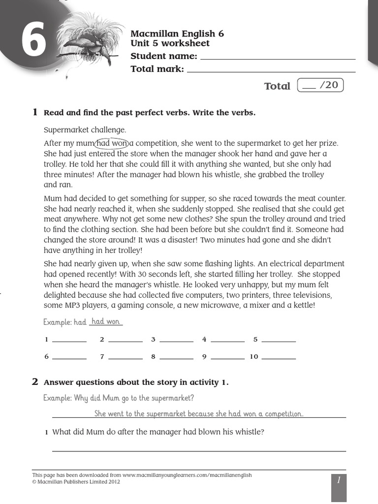 Total: Macmillan English 6 Unit 5 Worksheet Student Name: Total Mark ...