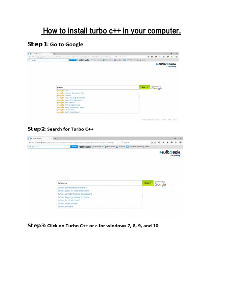How To Install Turbo C++ in Your Computer.: Step 1: Go To Google | PDF