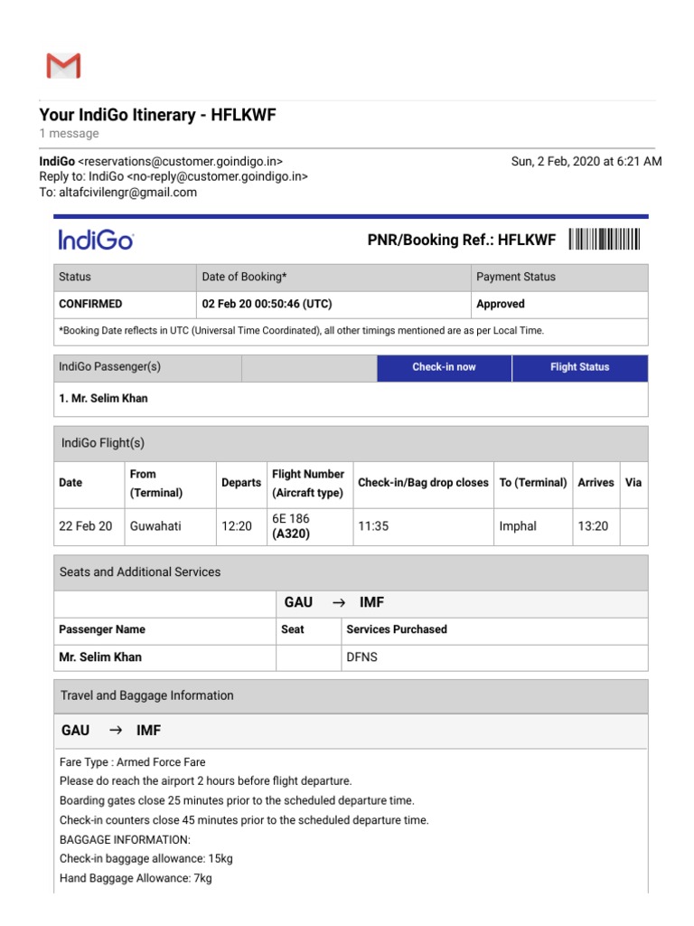 Your Indigo Itinerary - HFLKWF: Pnr/Booking Ref.: HFLKWF | PDF