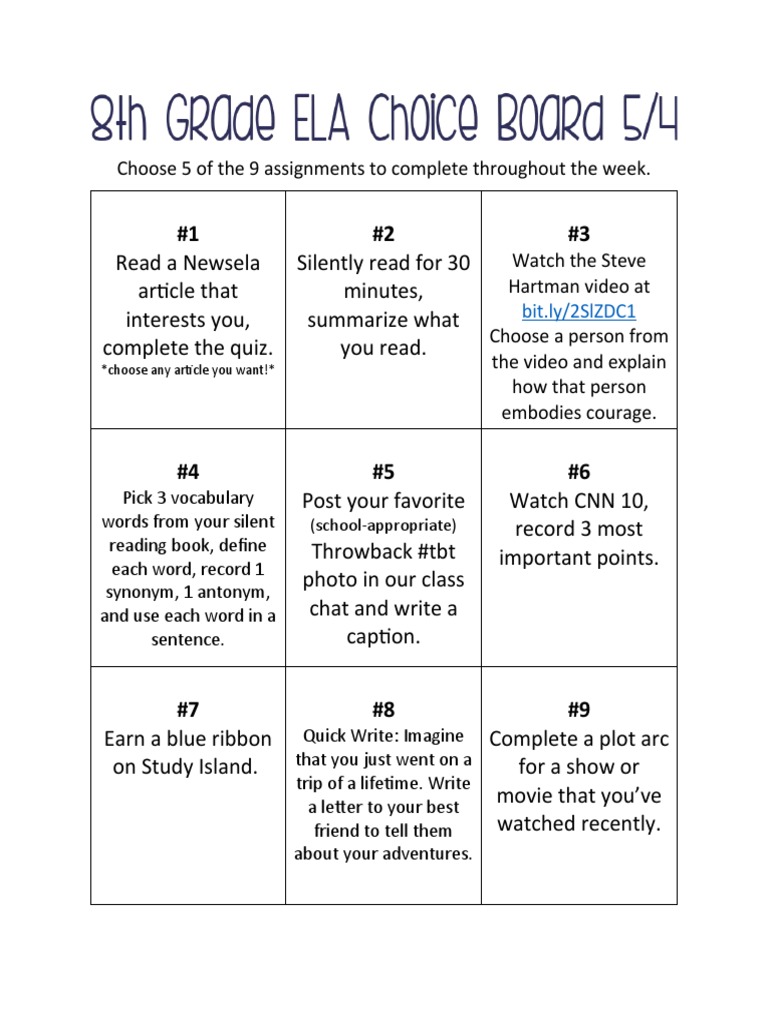 8th ELA Choice Board 5.4 | PDF | Language Arts & Discipline
