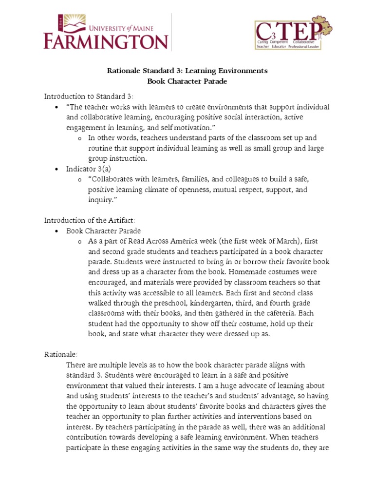 Standard 3 Book Character Parade Rationale | PDF | Teachers | Behaviorism