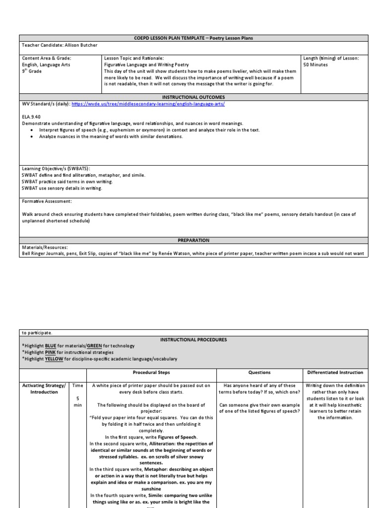 Coepd Lesson Plan Template - Poetry Lesson Plans | PDF | Poetry ...
