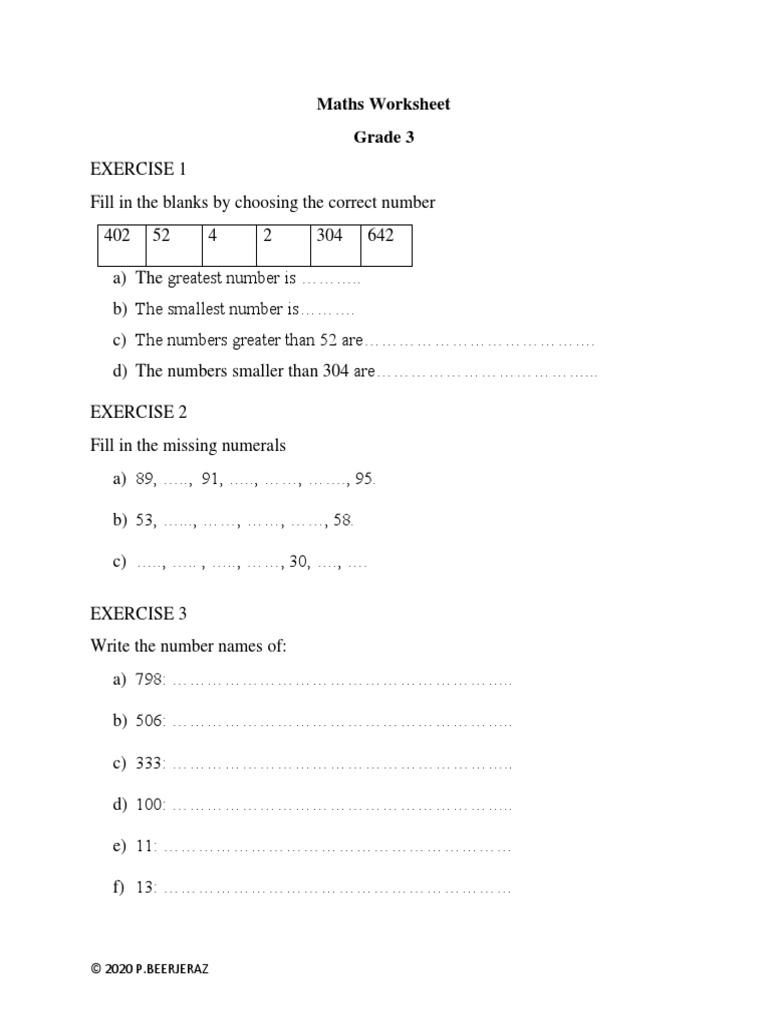 Maths Worksheet Grade 3: © 2020 P.BEERJERAZ | PDF