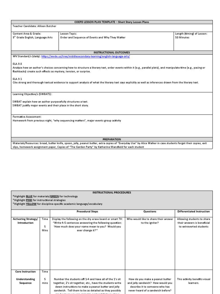 COEPD LESSON PLAN TEMPLATE - Short Story Lesson Plans | PDF | Lesson ...