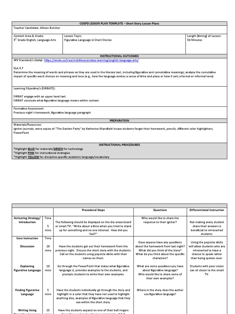 COEPD LESSON PLAN TEMPLATE - Short Story Lesson Plans | PDF | Lesson ...