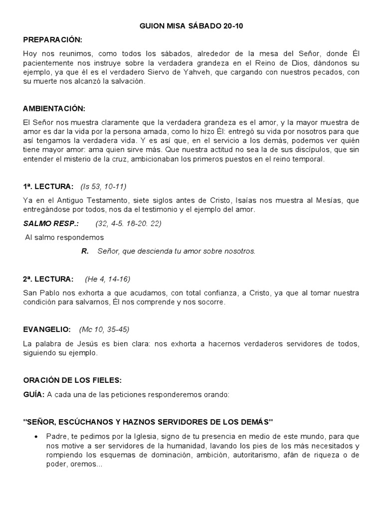 Guion Misa Sábado 20 | PDF | Comportamiento cristiano y experiencia ...
