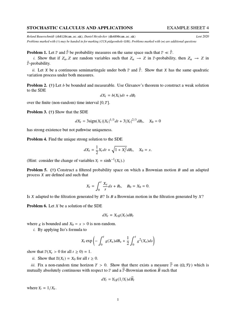 Stochastic Calculus and Applications: Example Sheet 4 | PDF ...