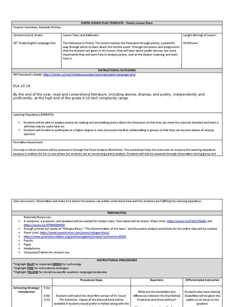 Revised Poetry Lesson Plan | PDF | Lesson Plan | Poetry
