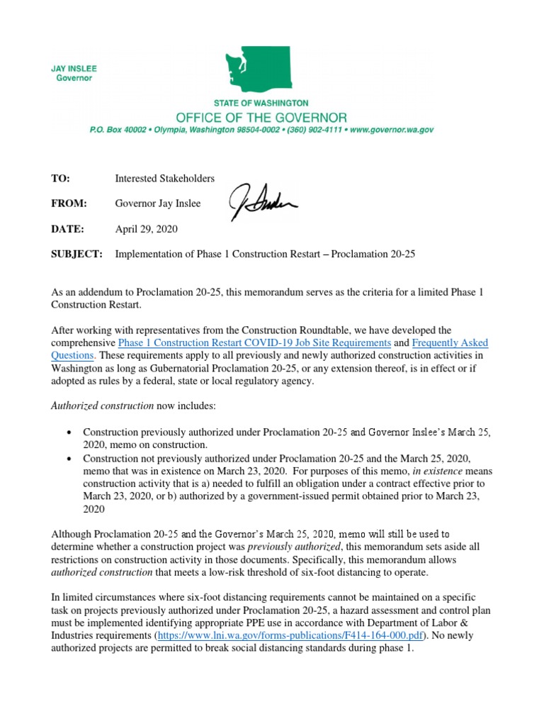 Proclamation 20-25 - Addendum Implementation of Phase 1 Construction ...