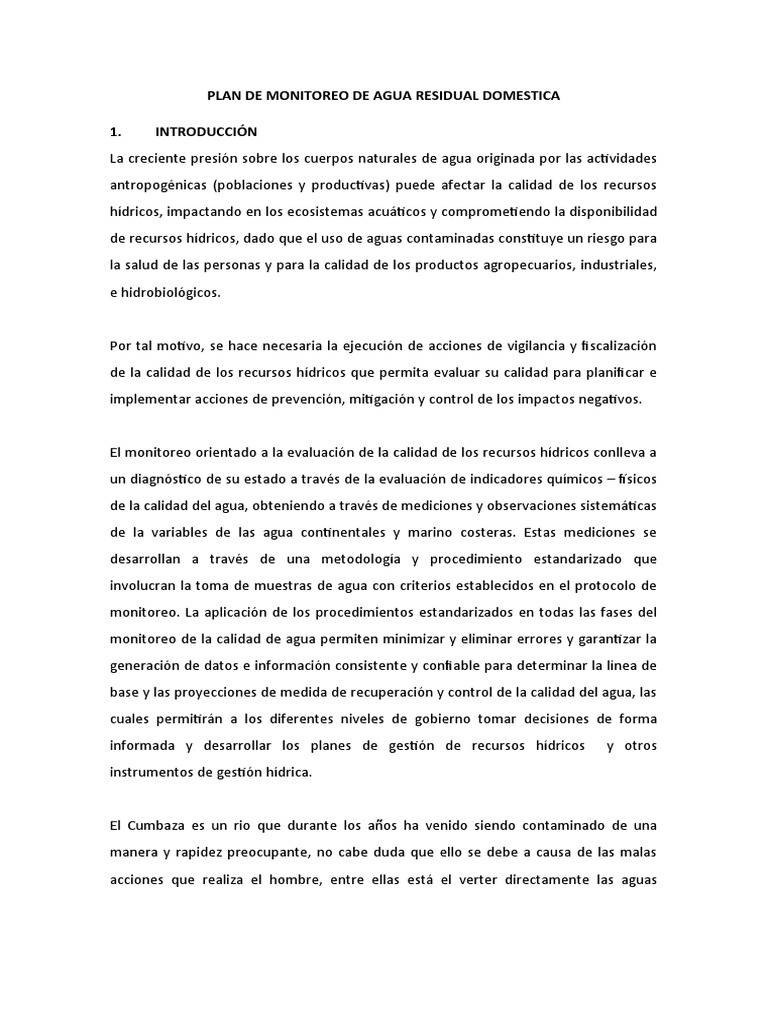 Plan de Monitoreo de Agua Resisdual Domestica | PDF | Aguas residuales | Ph