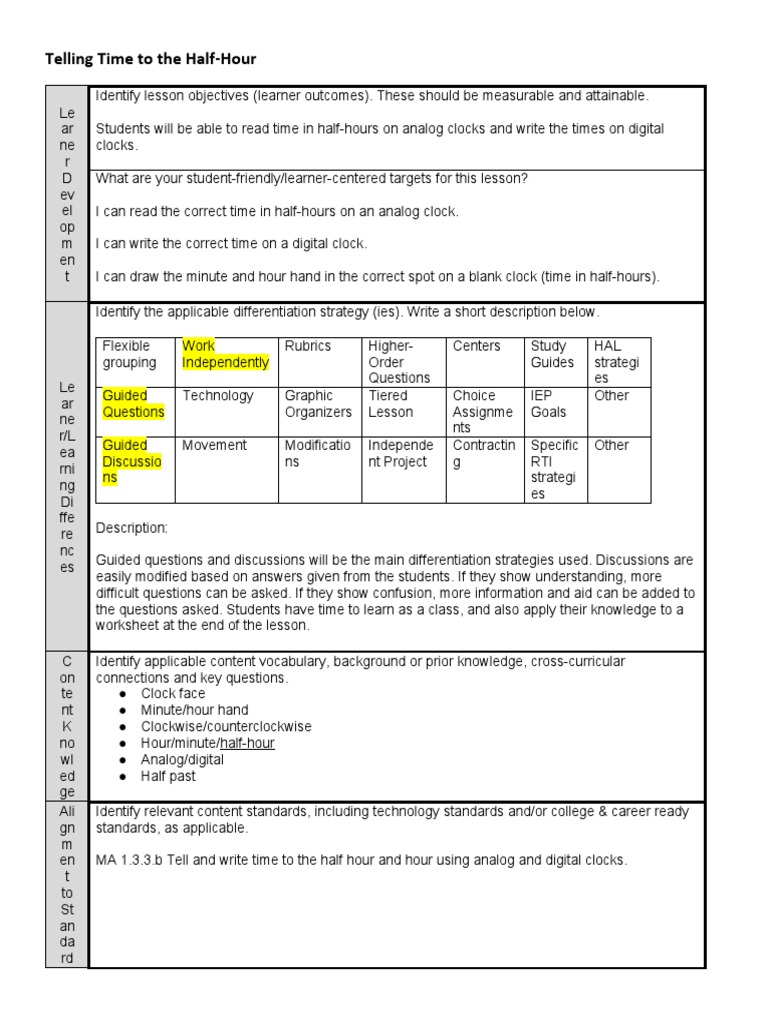 Teach Half-Hour Time Reading Skills | PDF | Clock | Hour