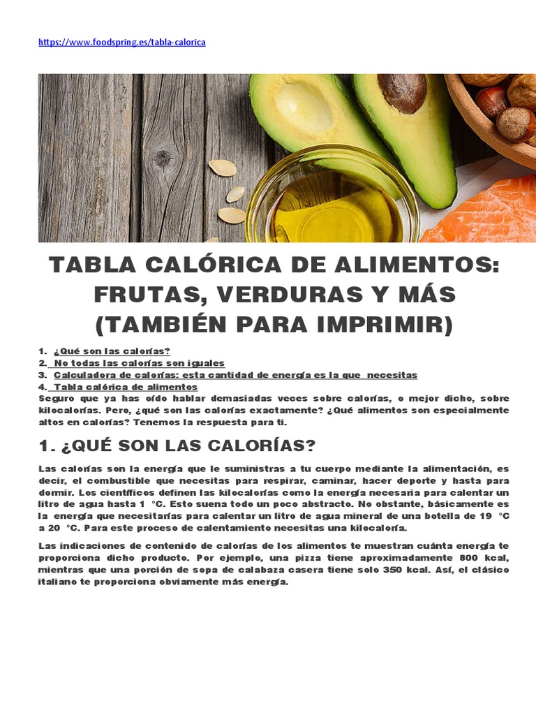 Tabla De Calorías De Frutas Y Verduras Para Imprimir
