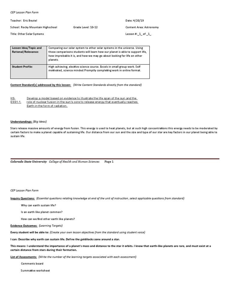 CEP Lesson Plan Form: Lesson Idea/Topic and Rational/Relevance | PDF ...
