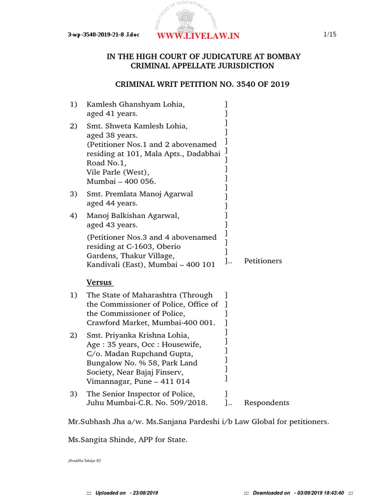 In The High Court of Judicature at Bombay Criminal Appellate Jurisdiction Criminal Writ Petition ...